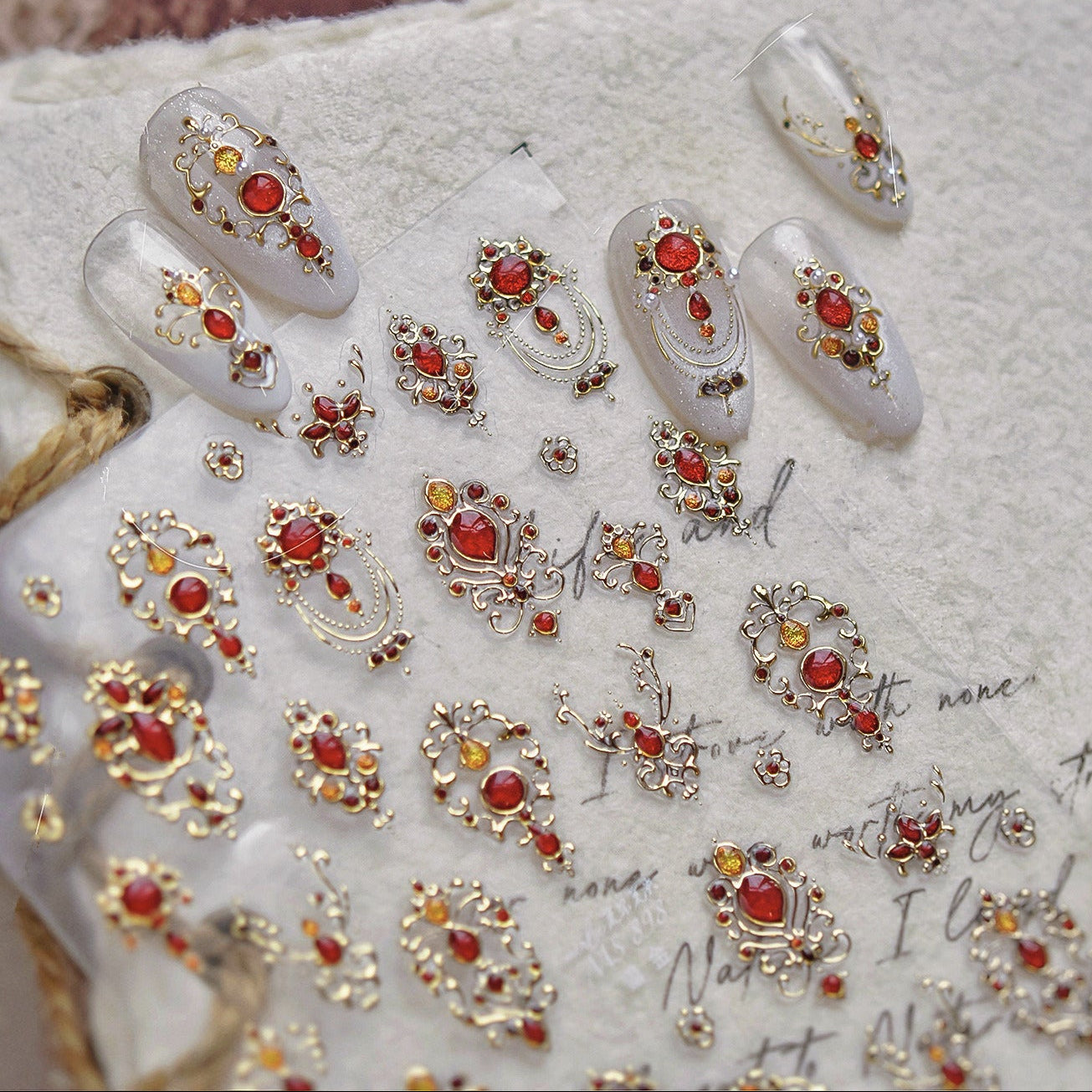 Vintage Gold Gemstone Nail Stickers | Elegant Baroque Ruby 3D Decals ...
